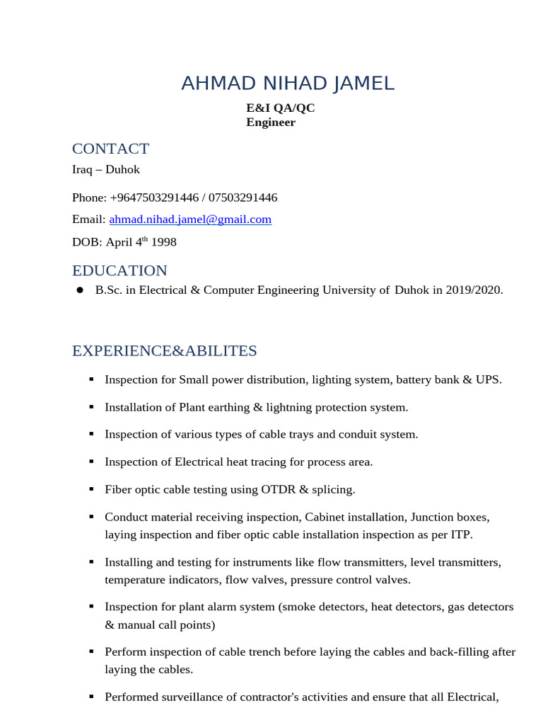 AHMAD CV qc | PDF | Instrumentation | Electricity