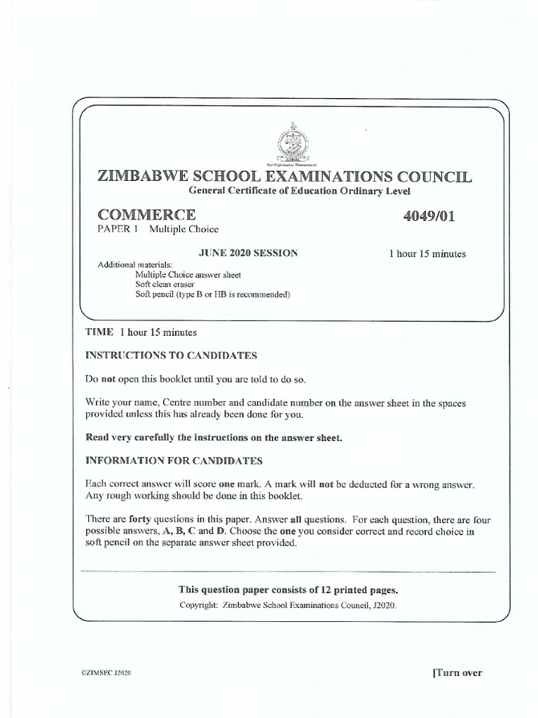 Zimsec June 2020 Commerce Paper 1 | PDF