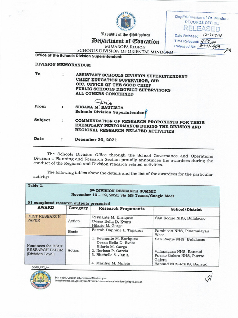 DM Commendation of Reserch Proponents For Their Exemplary Performance During The Division and ...