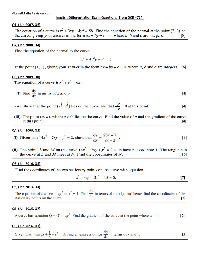 Implicit Differentiation Exam Questions | PDF