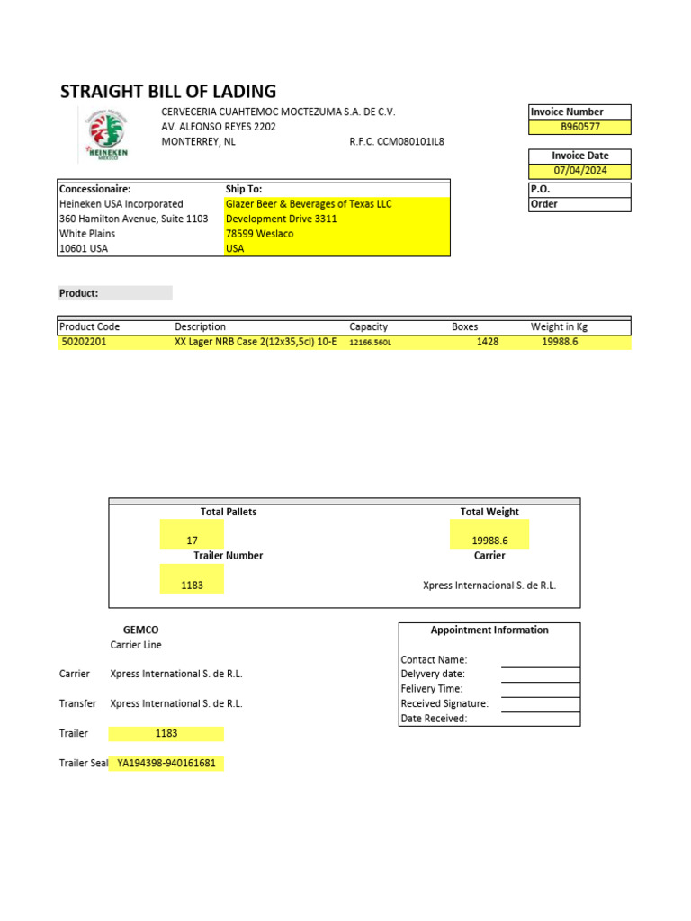 Logistics Document for Beer Shipment | PDF