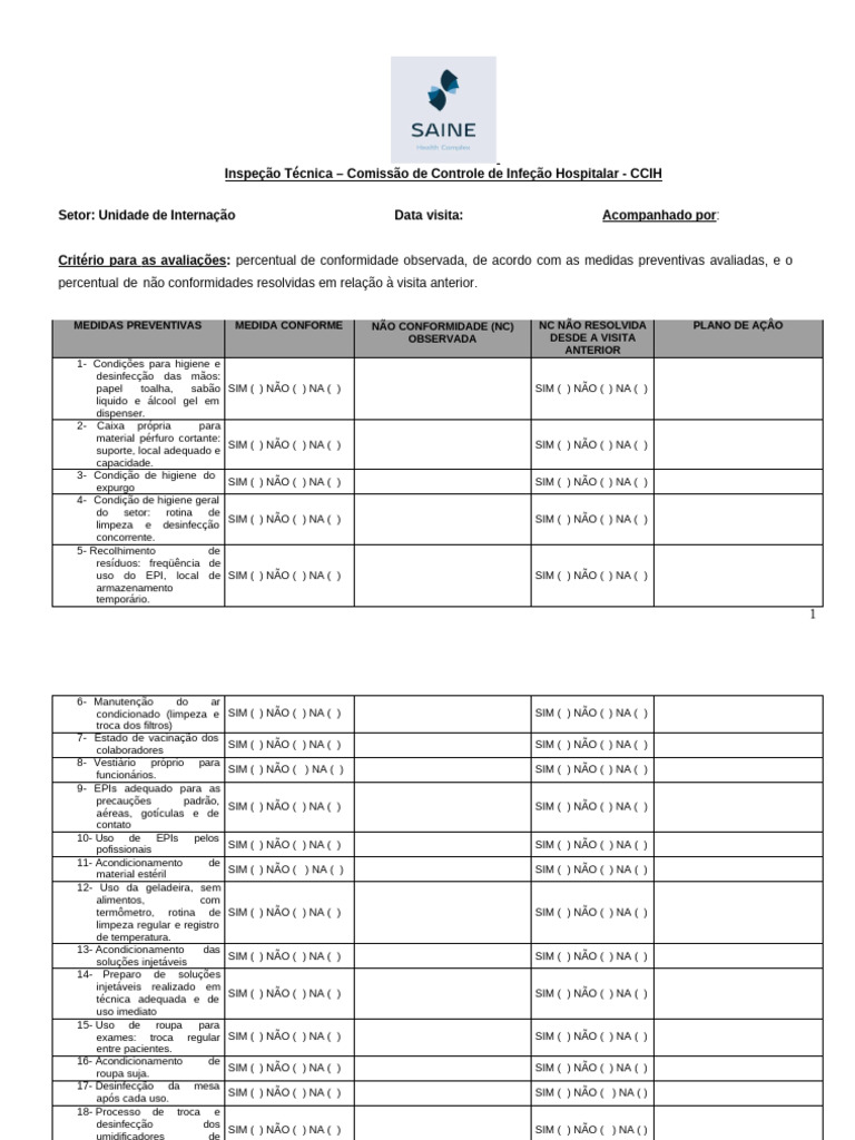 Check List Inspeção CCIH | PDF