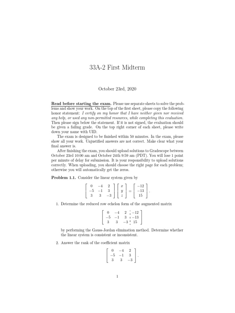 33A-2_First_Midterm | PDF | Matrix (Mathematics) | Linear Map