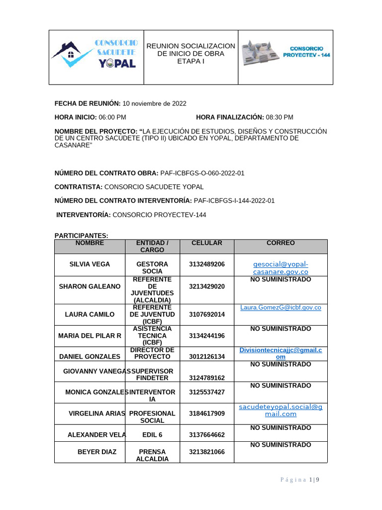 Acta de Socializacion de Inicio Sacudete Yopal | PDF | Arte