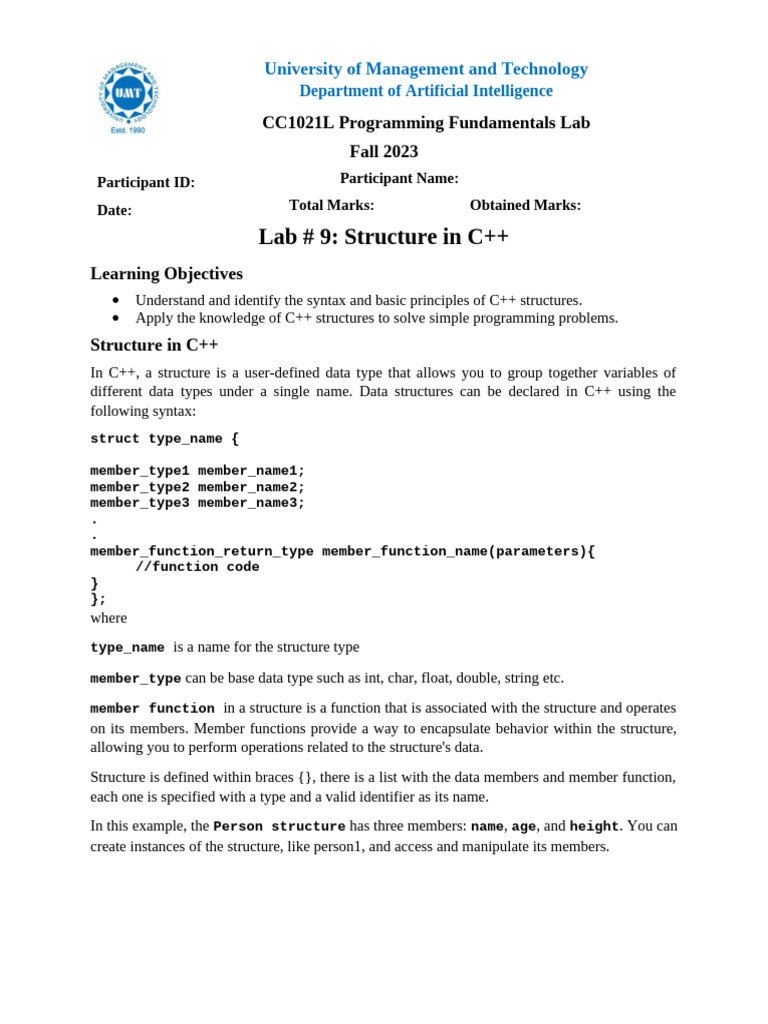 Lab # 09 Strcuture in C++ | PDF | C++ | Computer Science