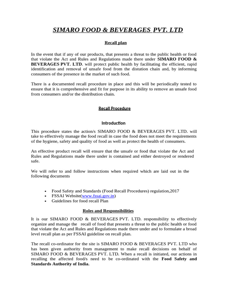 recall plan sample | PDF | Food Safety | Safety