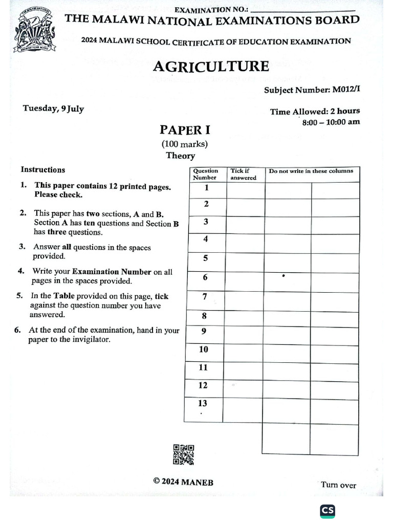 2024 MANEB Agriculture I | PDF