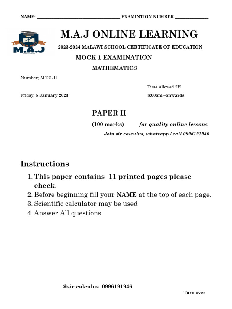 Malawi MSCE 2023 Mock Math Exam | PDF | Circle | Mathematical Objects