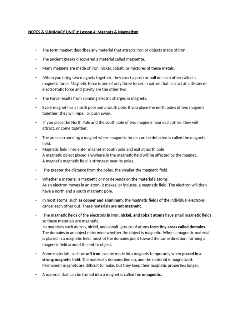 Summary of Magnetism Concepts | PDF | Magnet | Magnetism