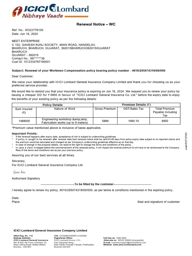 Workmen Compensation Policy Renewal Notice | PDF | Insurance | Cheque