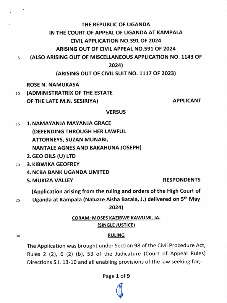 Namukasa V Namayanja 4 Others 2024 UGCA 292 (11 October 2024) | PDF | Lawsuit | Appeal