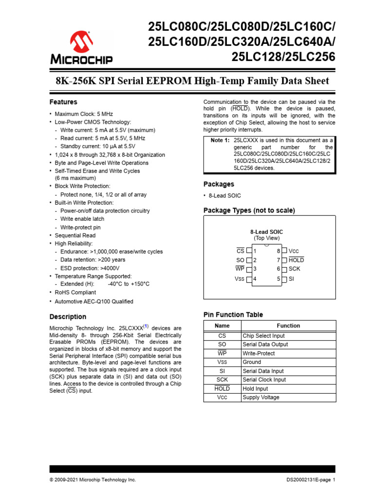 25LCXXX 8K 256K SPI Serial EEPROM High Temp Family Data Sheet 20002131E | PDF | Input/Output ...