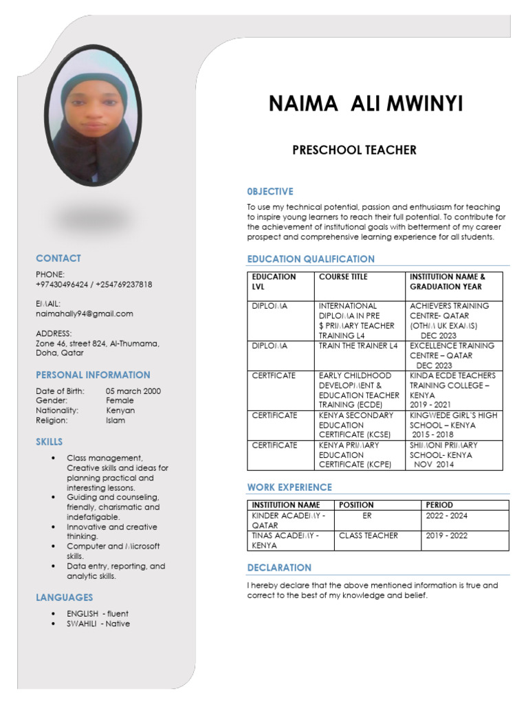 NAIMA CV FINAL | PDF | Teachers | Behavior Modification