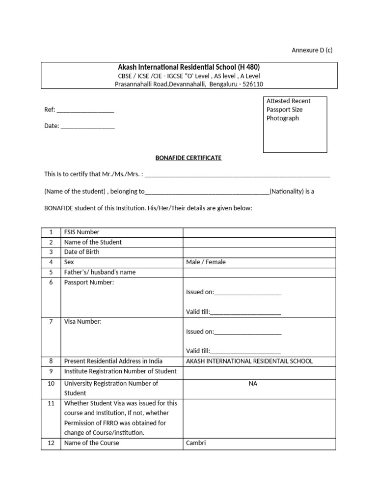 FRRO Bonafide Certificate | PDF | Travel Visa | Government And Personhood