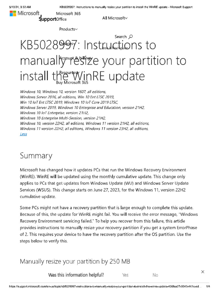 KB5028997 - Instructions To Manually Resize WinRe Partition | PDF