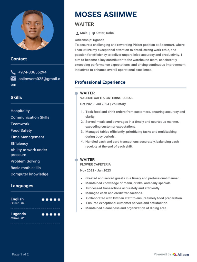 Moses Asiimwe: Waiter Profile | PDF | Waiting Staff