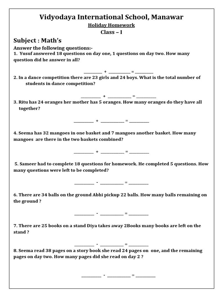Class 1st Holiday Homework | PDF