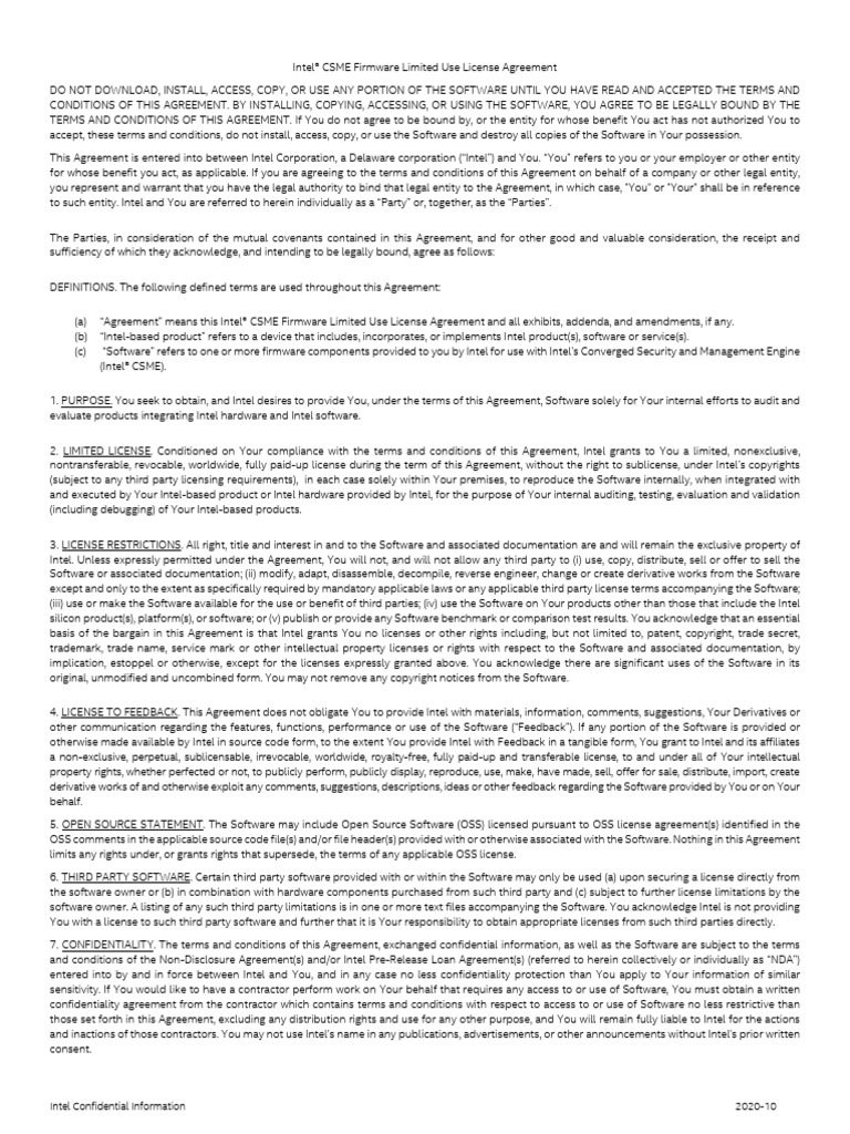 OBL - Intel CSME Firmware Limited Use License | PDF | License | Non ...