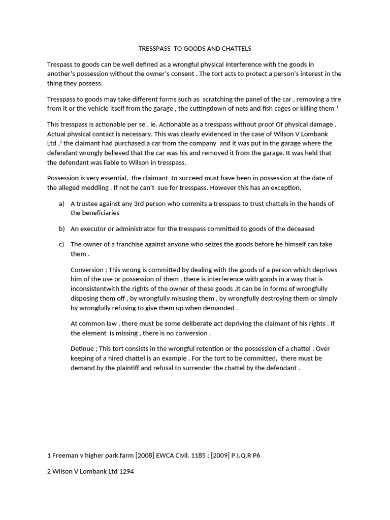 Tresspass To Goods and Chattels, Intro-1 | PDF | Law