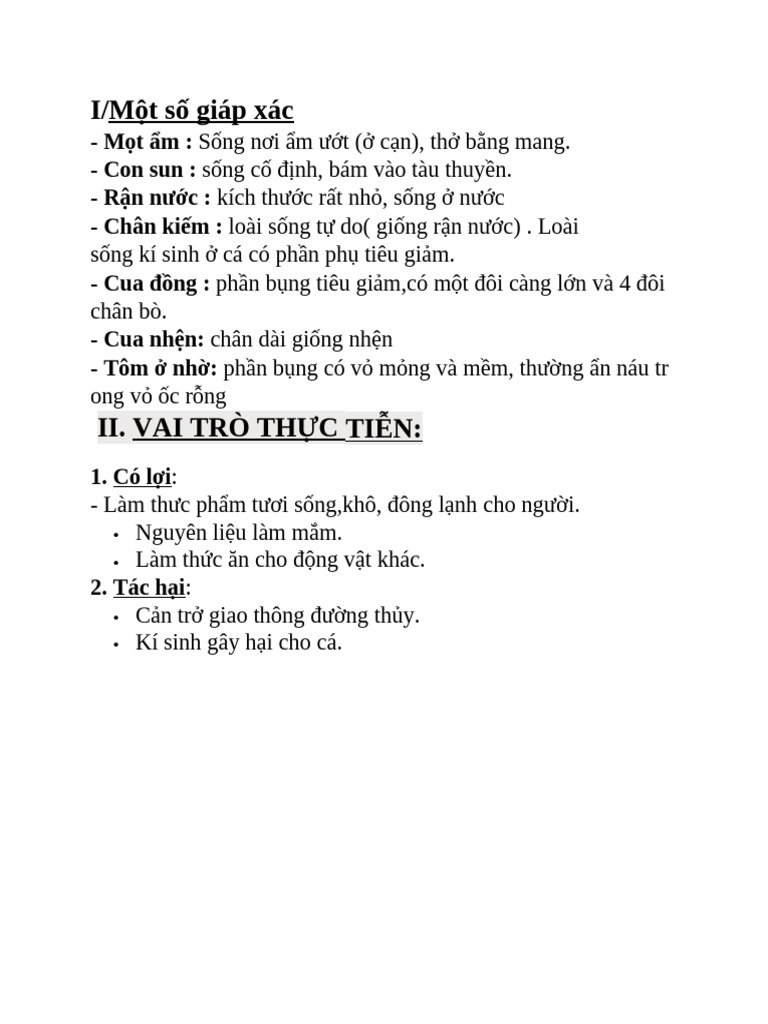 I/Một số giáp xác: - Mọt ẩm: - Con sun: - Rận nước: - Chân kiếm: - Cua ...