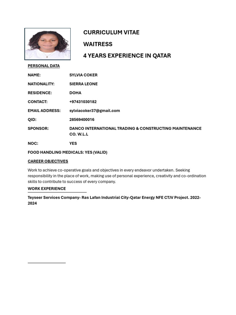 Sylvia Coker CV - Waitress | PDF | Career & Growth