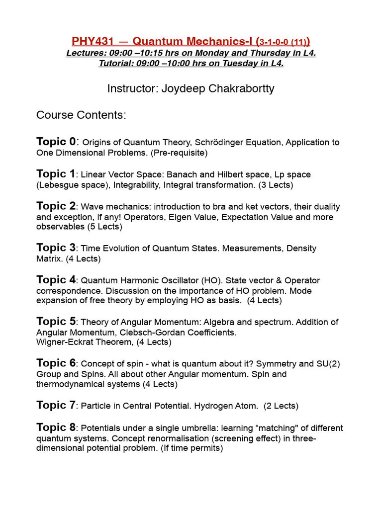 Quantum Mechanics I Course Overview | PDF | Quantum Mechanics ...
