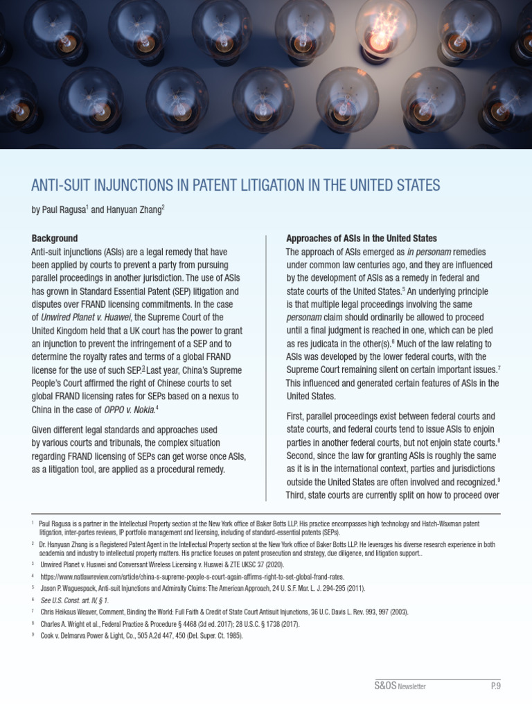 Anti-Suit Injunctions in Patent Litigation in The United States | PDF ...