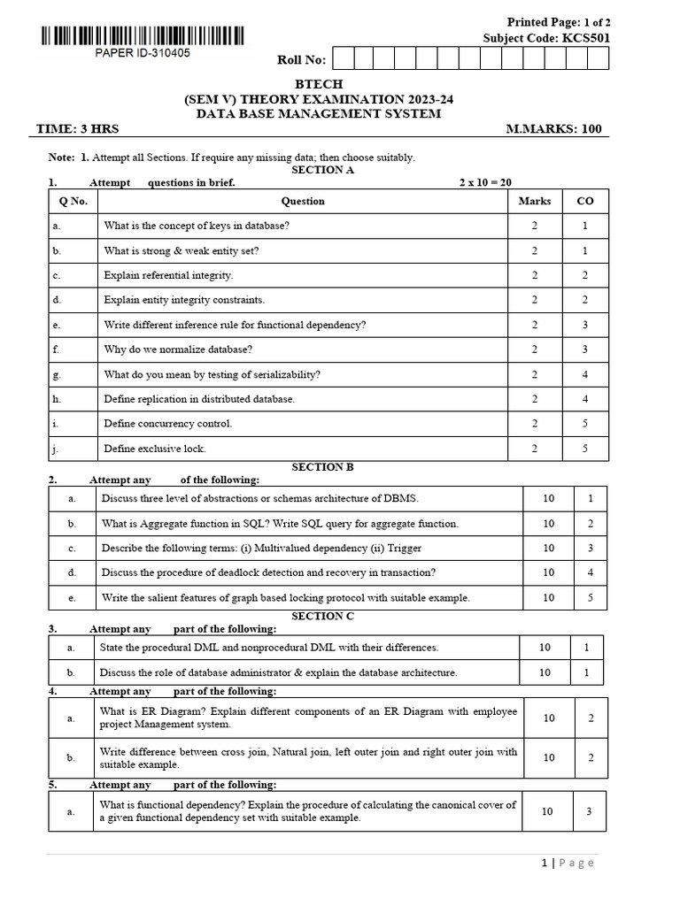 Kcs501 Data Base Management System | PDF | Databases | Information Technology
