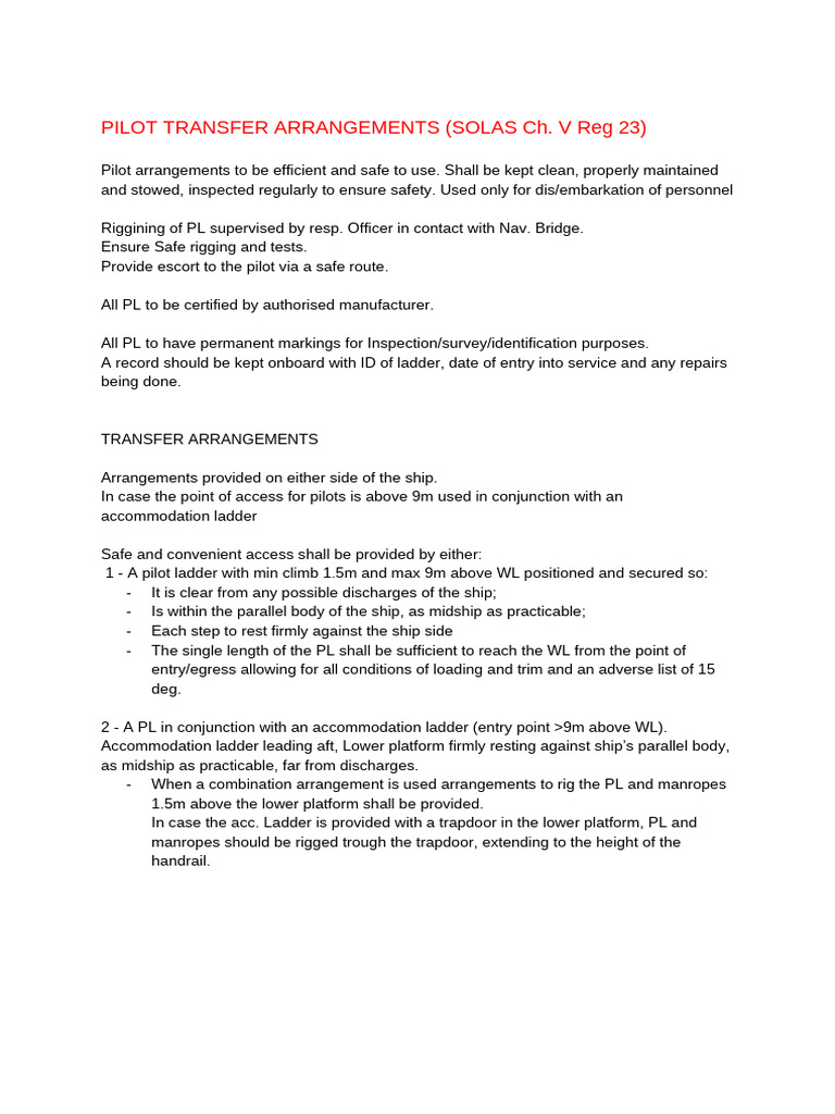 Transferring Arrangements SOLAS V Reg 23 | PDF | Ships | Shipping