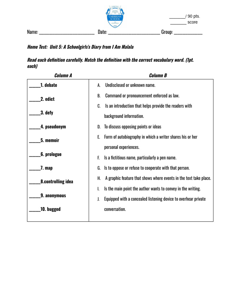 Unit 5 - A Schoolgirl's Diary From IAm Malala - Home Test - 6th Grade ...