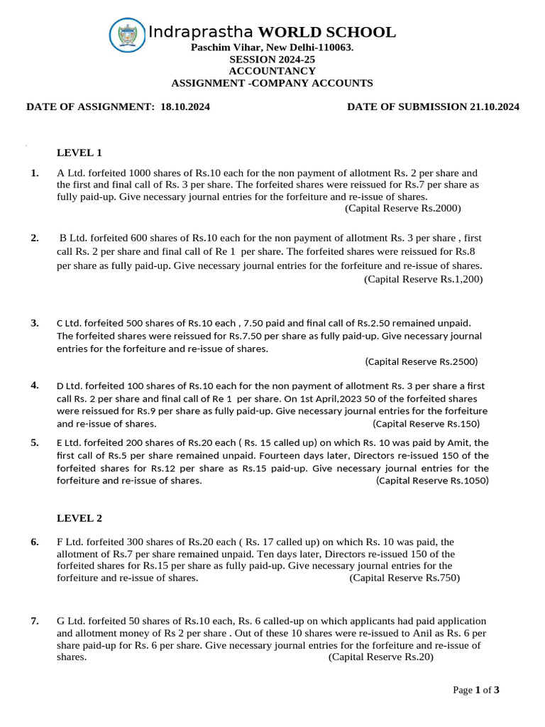Assignment Company Accounts - Share Forfeiture | PDF | Money | Payments