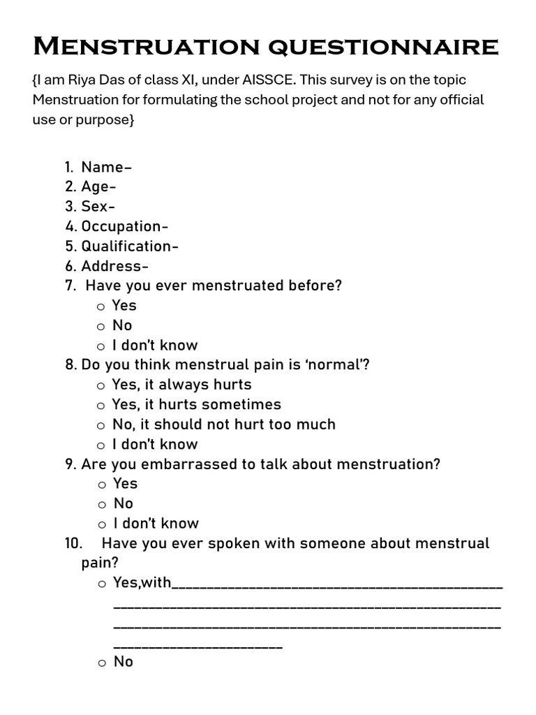 Menstruation Questionnaire | PDF | Menstruation | Human Reproduction