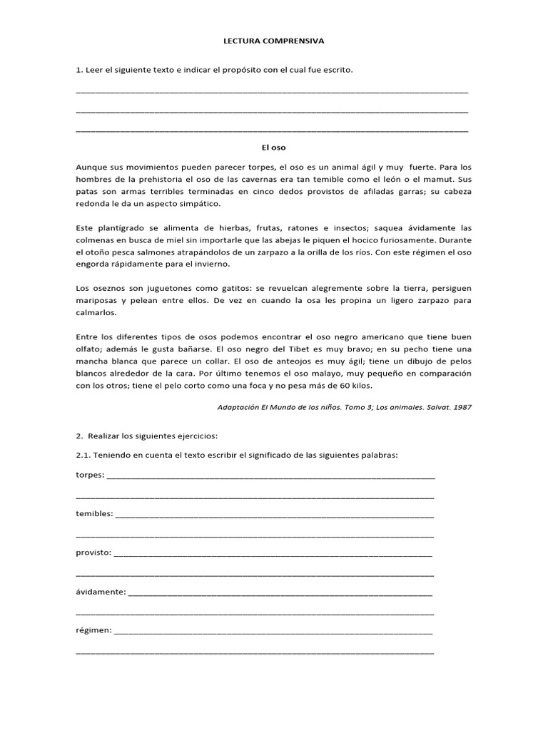 AE2LAx2 - Guia Comprension Lectora - El Oso | PDF | Osos | Animales ...