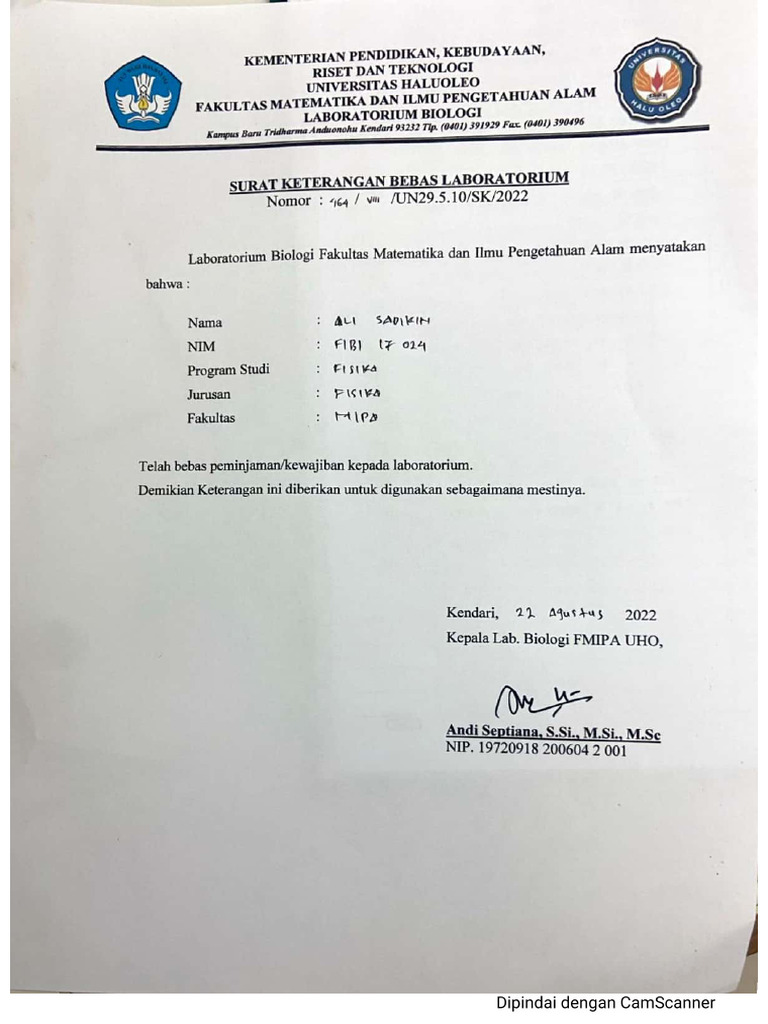 Surat Bebas Lab Biologi | PDF