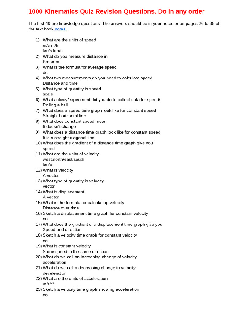 1000 Kinematics Quiz Revision Questions | PDF | Velocity | Acceleration