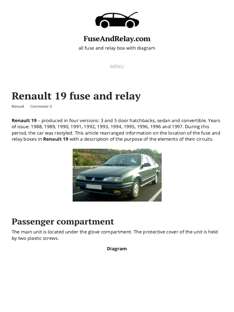 Renault 19 Fuse and Relay Diagram | PDF | Fuse (Electrical) | Trunk (Car)