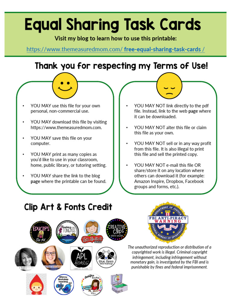 Equal Sharing Task Cards for Students | PDF | Copyright Infringement