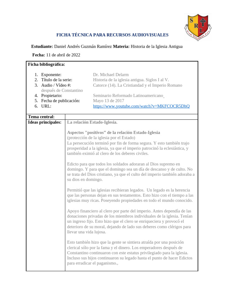 Ficha Técnica - (14-16) Historia de La Iglesia, Dr. Michael Delarm ...