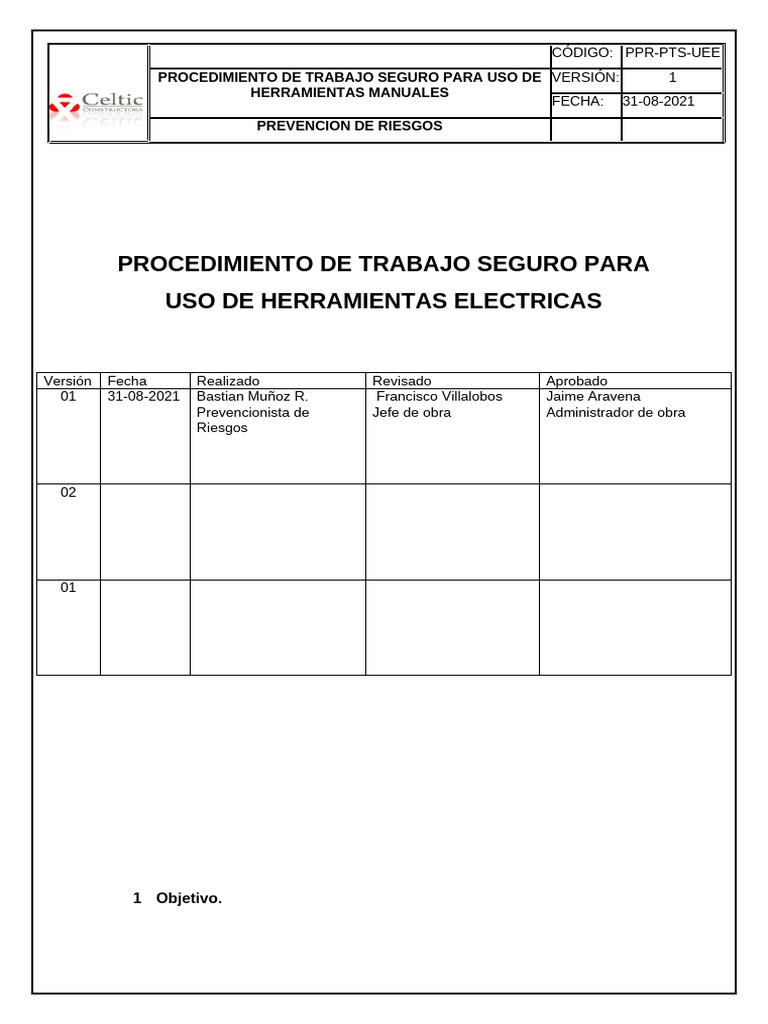 Procedimiento de Trabajo Seguro para Uso de Herramientas Eléctricas | PDF | Herramientas | Cambiar