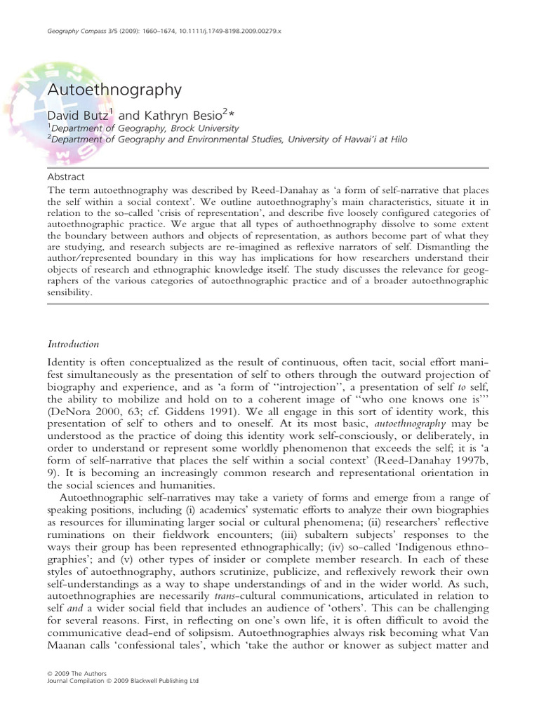 Butz and Besio - Autoethnography | PDF | Ethnography | Reflexivity (Social Theory)