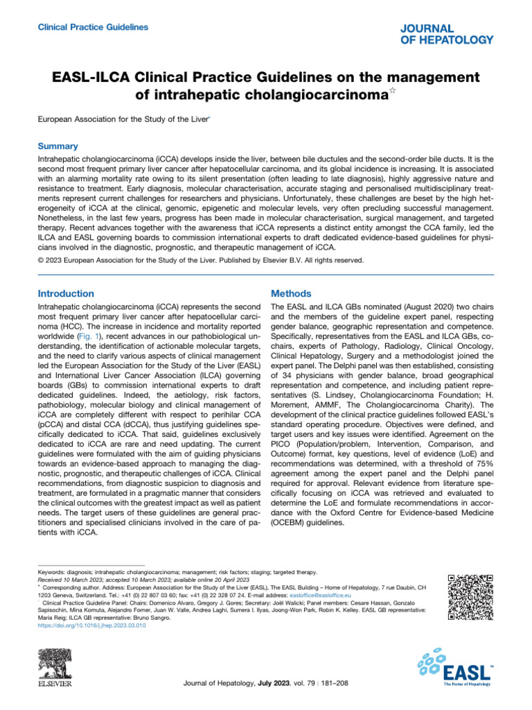 EASL-ILCA Clinical Practice Guidelines On The Management of Intrahepatic Cholangiocarcinoma ...