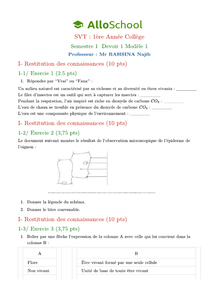 SVT 1ac Semestre 1 Devoir 1 Modele 1 1 | PDF