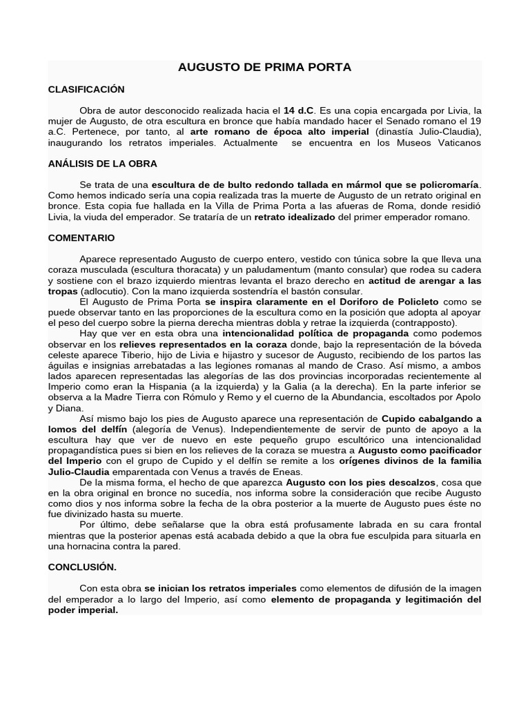 Comentario sobre Augusto de Prima Porta | PDF | Antiguedad clasica