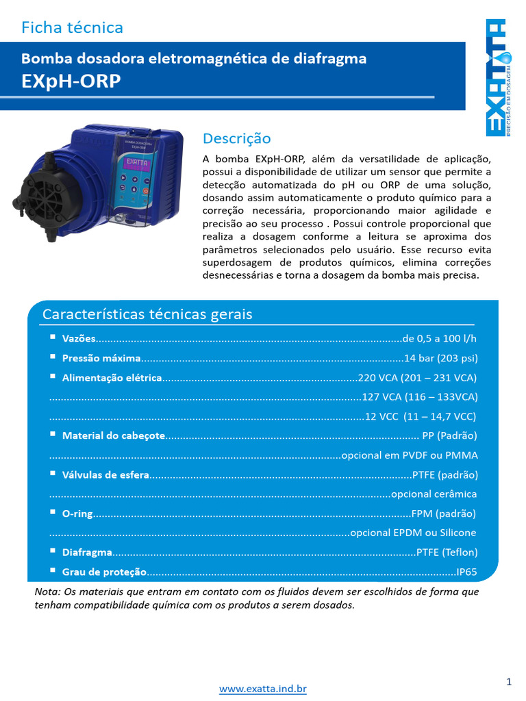 Bomba dosadora EXpH-ORP - Ficha técnica | PDF | Válvula