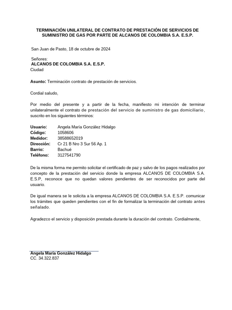 Minuta Carta Terminacion de Contrato Por Prestacion de Servicios | PDF