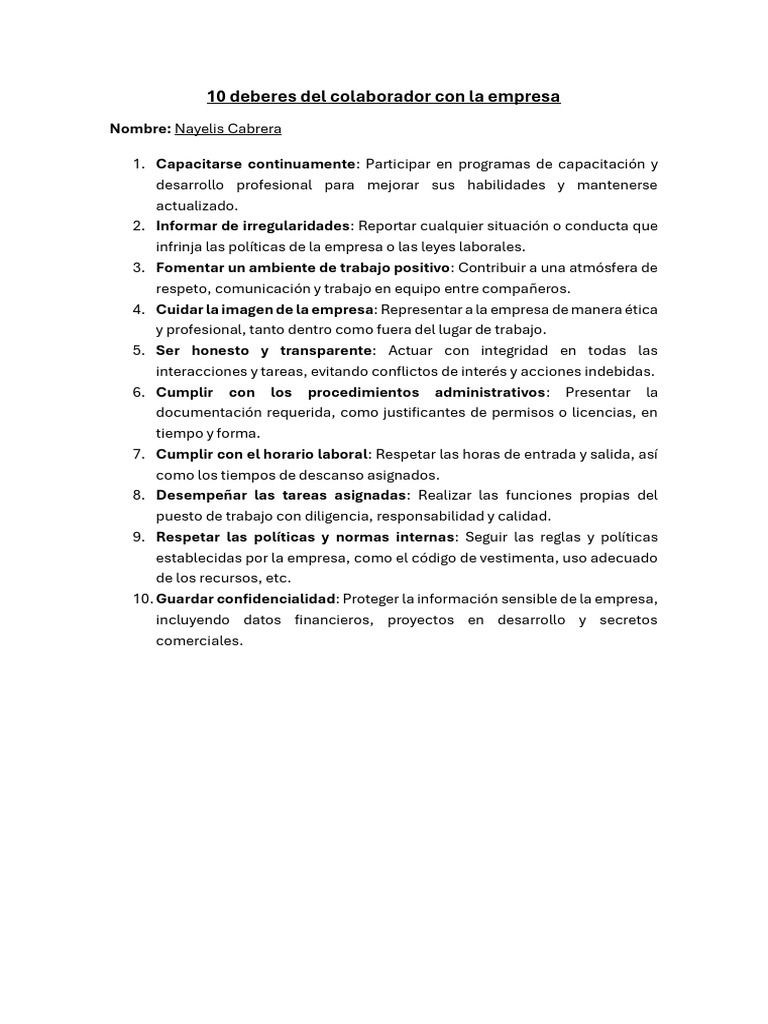 10 Deberes Del Colaborador | PDF