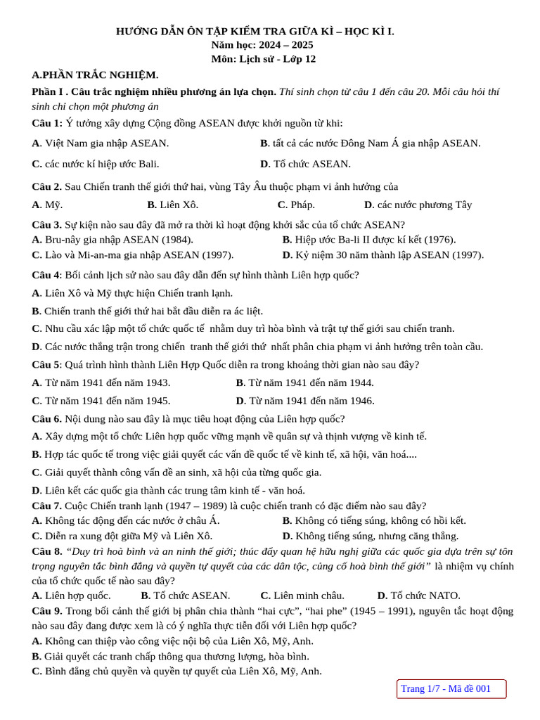 Hướng Dẫn Ôn Tập GKI - Sử 12 (HS) | PDF