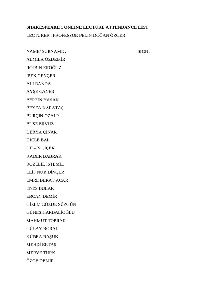 Shakespeare 1 Online Lecture Attendance List | PDF