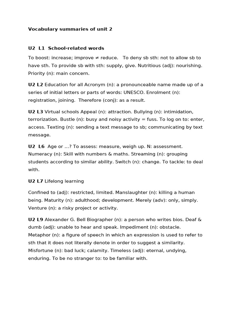 Vocabulary Summaries of Unit 2 | PDF | Foreign Language Studies