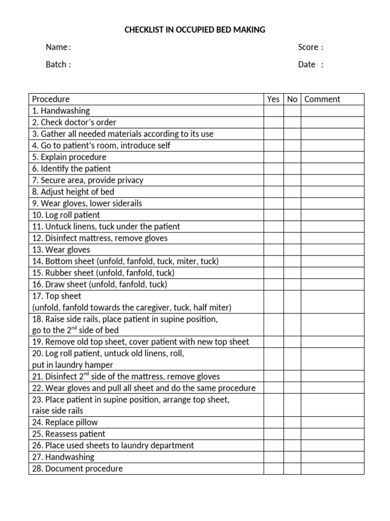 Checklist in Occupied Bed Making | PDF